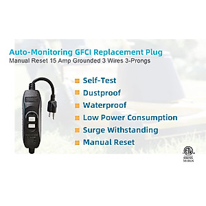 GFCI Replacement Inline Assembly 3 Wires , Auto-Monitor，Manual Reset, Waterproof, Ground Fault Circuit Interrupter for Power Pressure Washer, Power Tools, Lawn , Pool Pump,