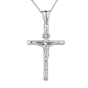 .925 Sterling Silver 1.17” INRI Crucifix Jesus Christ on the Holy Cross Pendant Necklace, 20" Rolo Chain