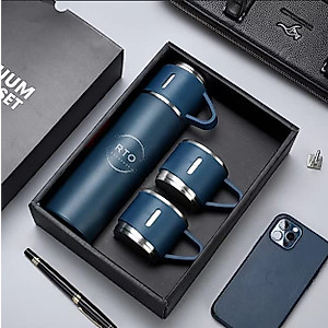 RTO Original Coffee Thermos Set with 3 Cups, Stainless Steel Insulated Flask 500ml/16oz for Hot & Cold Drinking, Also Includes Protection Box for Portability (Blue)