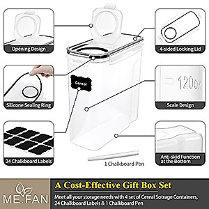 ME.FAN Cereal Storage Containers [4 Set] Airtight Food Storage Containers 4L(135oz) - Large Kitchen Storage Keeper with 24 Chalkboard Labels - BPA Free, Easy Pouring Lid (Black)