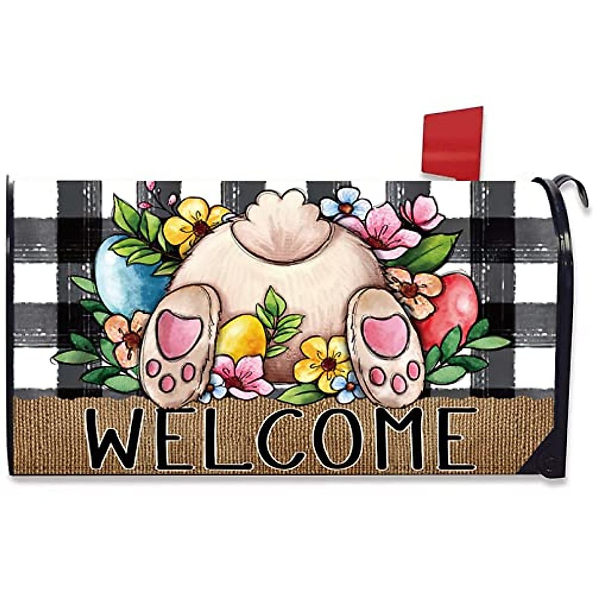 FBCOO Welcome Easter Bunny Rabbit Mailbox Cover Magnetic Standard Size 21" x 19", Eggs Buffalo Plaid Check Decorative Post Letter Box Wrap Decor Funny Farmhouse Garden Yard Outdoor Decoration