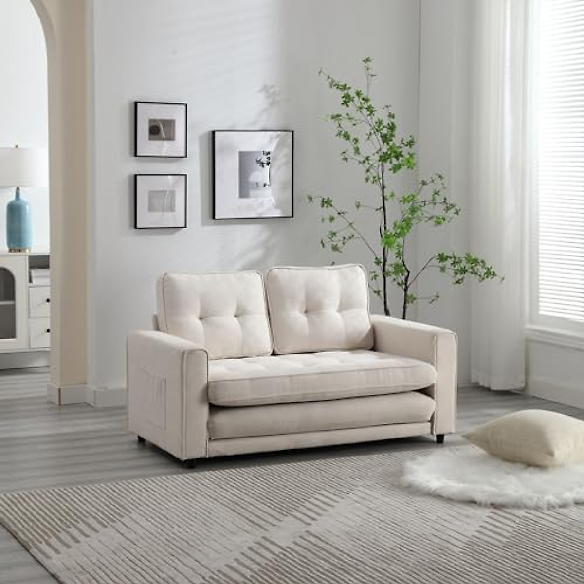 LETSHOME Sofa, Convertible Futon Sleeper sofabed,Space Saving loveseat,Pull Out Couch Bed for Living Room,Velvet Linen Fabric, Beige