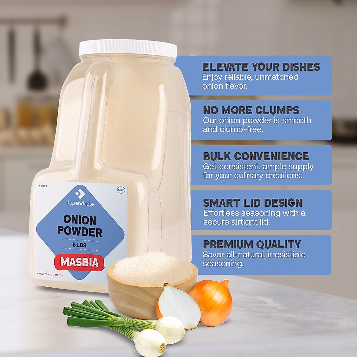 Dependable Food Onion Powder - 5 Lb. Container - Kosher Bulk Seasoning for Chefs, Restaurants, and Culinary Enthusiasts - Perfect for Sauces, Gravies, Soups, Dips & More - 100% Natural, Non-GMO, Granulated Onion Powder