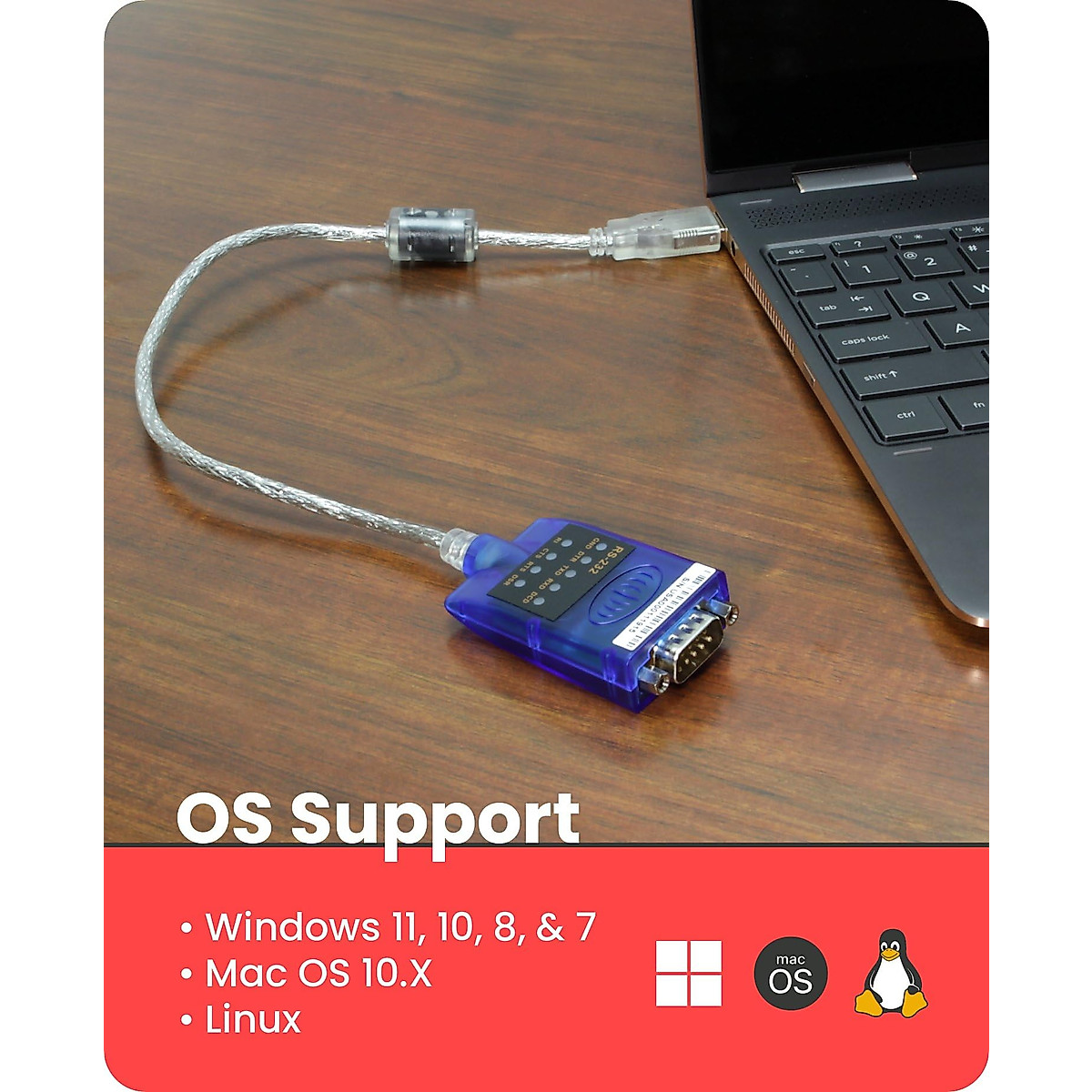 16in. USB 2.0 to RS-232 Serial Converter w/LED Indicators & FTDI