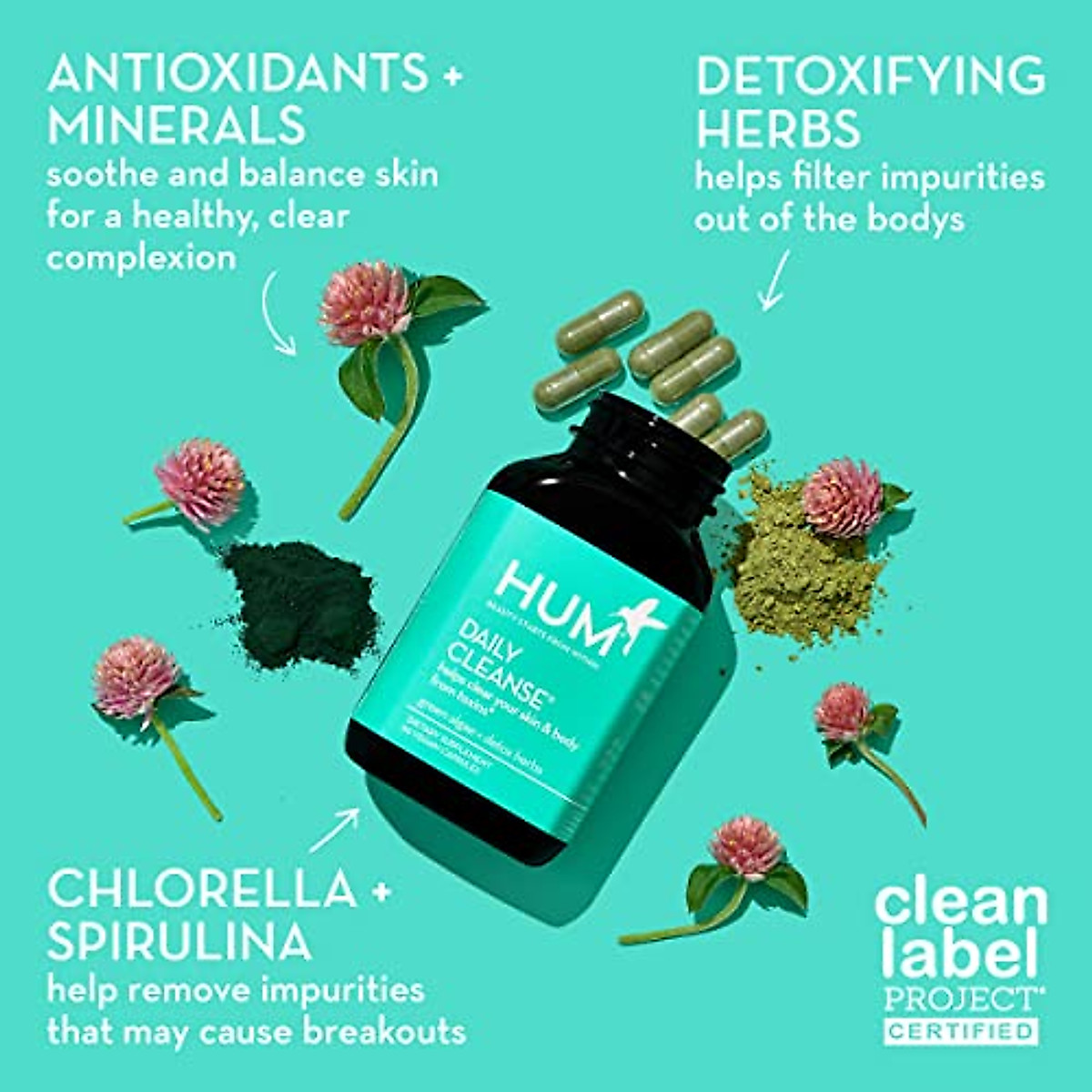 HUM Daily Cleanse Clear Skin Vitamins & Acne Reducing Chlorella + Spirulina - Natural Digestive Cleanse with Green Algae, Detoxing Herbs & Minerals - Daily Body Detox & Skin Supplement (60 Capsules)