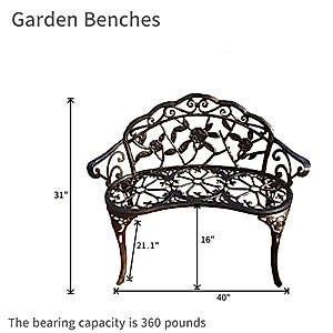 KAI LI 4-Piece Balcony Tables and Chairs, 1 Table, 2 Round Chairs and 1 Bench, Metal cast Aluminum, Bistro Suit, Garden Bench, Rose Pattern (Bronzed)