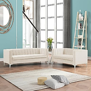 Morden Fort Velvet Loveseat Contemporary Loveast Sofa with Metal Legs Home Theater Upholstered Modern Chesterfield Loveast Sofa Furniture for Living Room Office Bedroom Apartment, Beige
