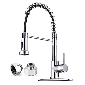 Chrome Kitchen Faucet, Faucet for Kitchen Sink with Pull Down Sprayer WEWE Kitchen Faucet with Deck Plate Stainless Steel Single Handle Spring for Farmhouse with Female 1/2 Adapters