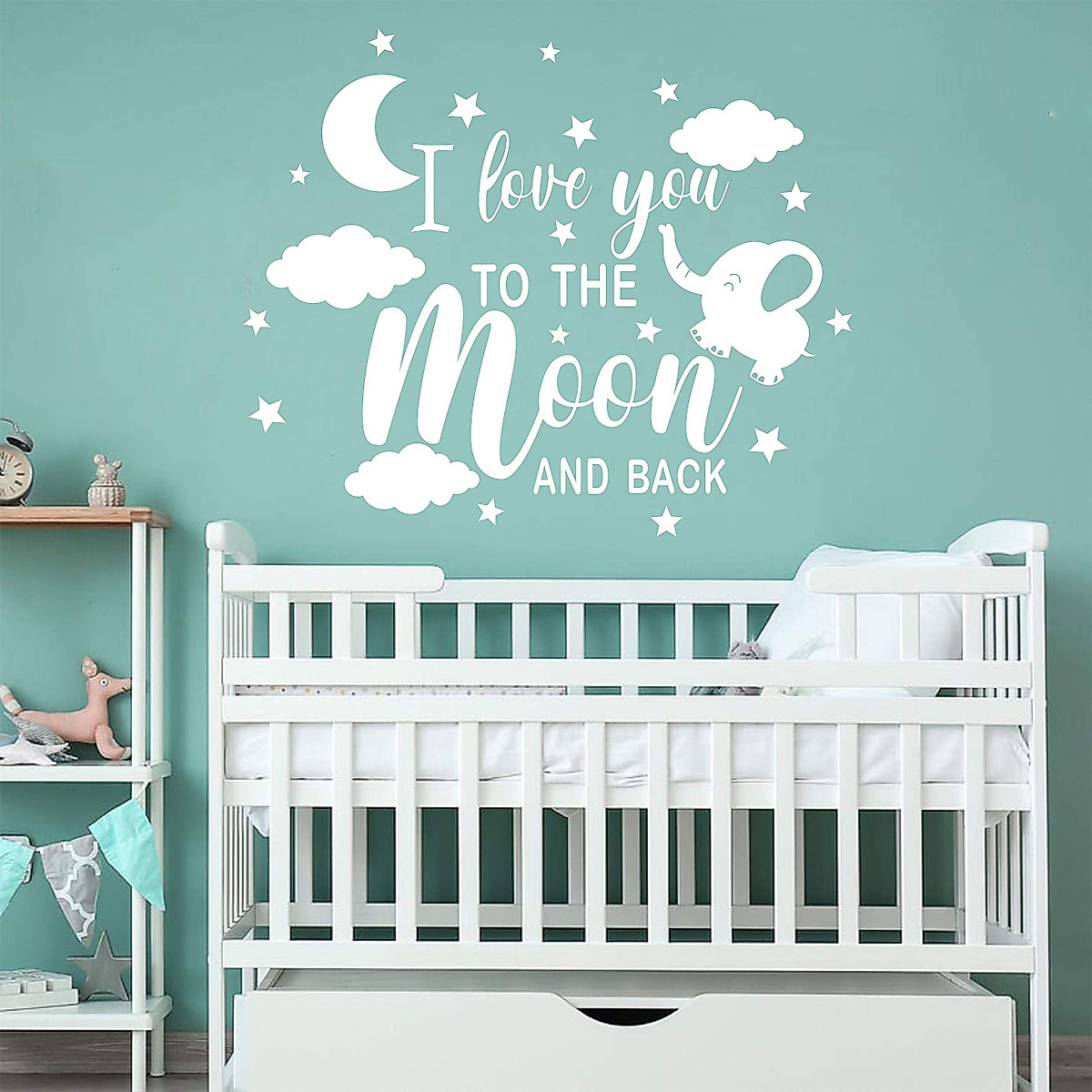 DDK I Love You to The Moon and Back Elephant Baby Kids Wall Decals Moon Stars and Clouds Space Wall Art Decals (White)