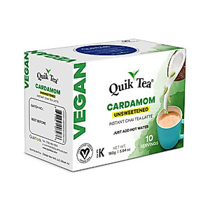 QuikTea Vegan Unsweetened Cardamom Instant Chai Tea Latte - 10 Count Single Box - Convenient, Easy Ayurvedic Dairy Free Alternative - All Natural Non GMO Superfood