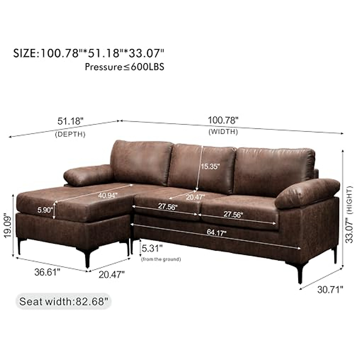 XIZZI Convertible Sectional Sofa Couch L Shaped Sofa 3-Seat Couch with Reversible Chaise for Living Room,L Shaped 97 inches Dark Brown