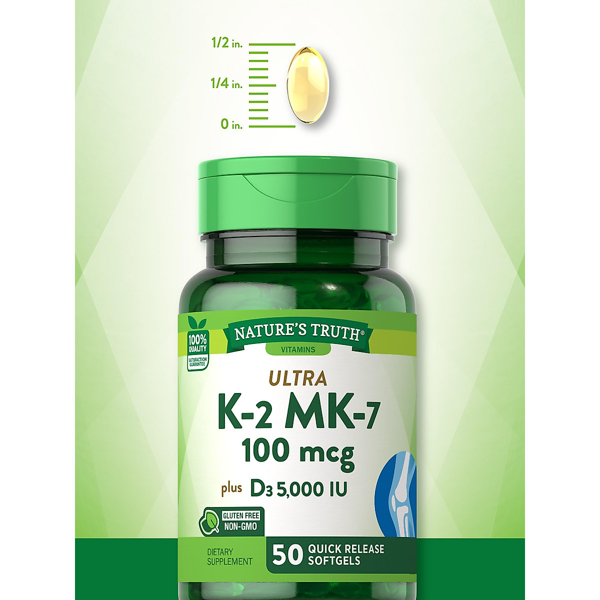 Vitamin K2 MK7 Complex | 100 mcg | 50 Softgels | with Vitamin D3 | Non-GMO & Gluten Free Supplement | by Nature's Truth