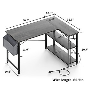 Mr IRONSTONE L Shaped Desk with Outlets & USB Ports, Reversible 47 Inch Office Desk, Corner Desk for Small Space, Home Office Desk with Storage Bag & Hook, Black Oak