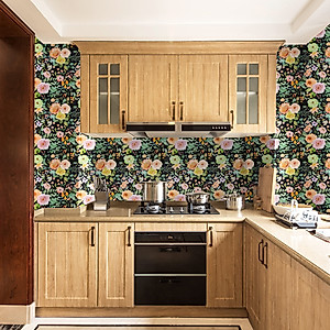 Beautysaid Wallpaper Peel and Stick Floral：Boho Textured Wall Paper for Bedroom Bathroom Renter Friendly Waterproof Pink Watercolor Modern Wallpaper for Kitchen Cabinet(Black,17.5x118 inch)