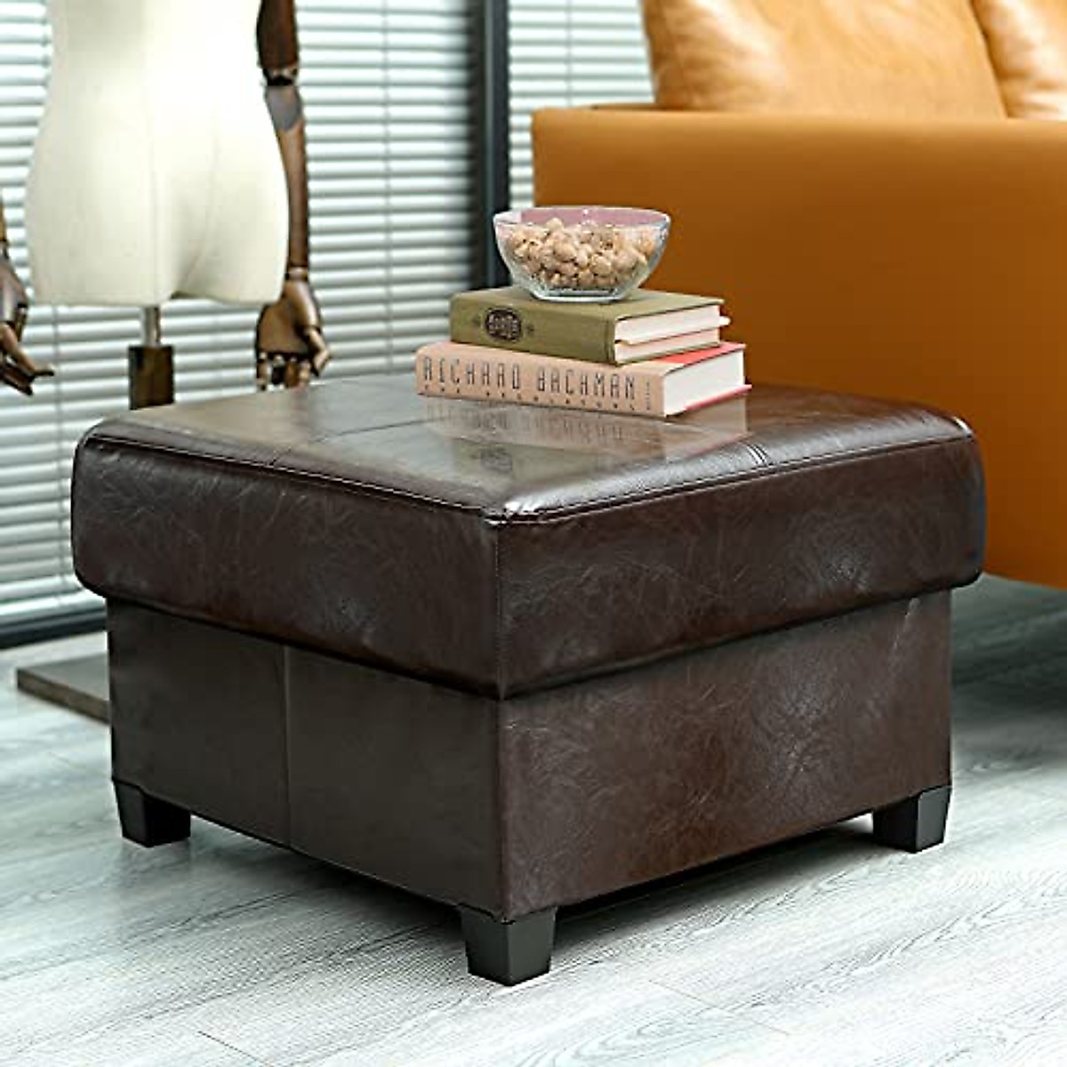 GLAXYFUR Folding Storage Bench, Cube PU Leather Footstool with Legs, Coffee Table, Ottoman with Storage for Living Room, 23.6 x 23.6 x15 Inches, Brown