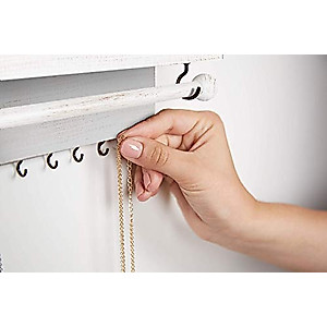 Rustic White Necklace Jewelry Organizer - Wall Mount Jewelry Holder - Mounted Hanging Jewelry Storage Hooks for Necklace, Earrings, and Rings - Farmhouse Wood Decor Bedroom Boho Shelf Rack