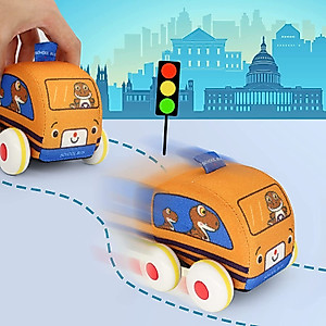 VANLINNY Baby Cars for Toddlers, Pull Back Car for 1 Year Old Boy with Play Mat,4 Pack Washable Soft Plush Cars for Kids, Metal Die Cast Pull Back Vehicles Play Set