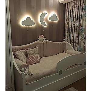 2X Cloud+1 Moon Wall Light, + Silver Star Stickers, Nursery Room Decor Wall Light Set of 3 Wooden Wall Light with LED, 100pcs Silver Star Wall Decals Gift!