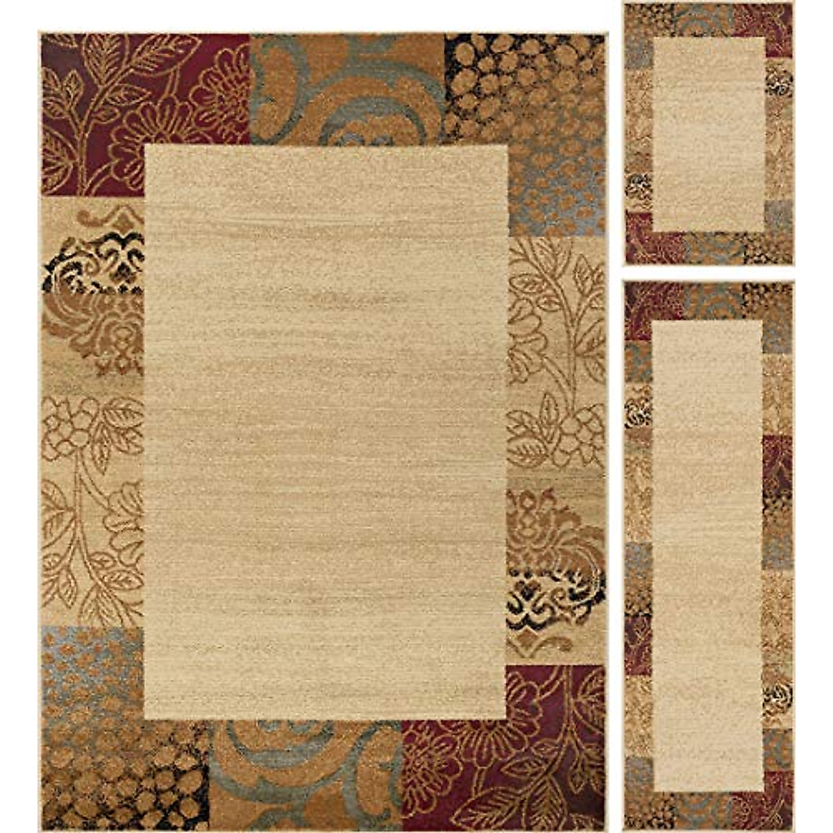 Tayse Sedona Beige 3 Piece Area Rug Set for Home, Room, and Decor - Transitional, Floral