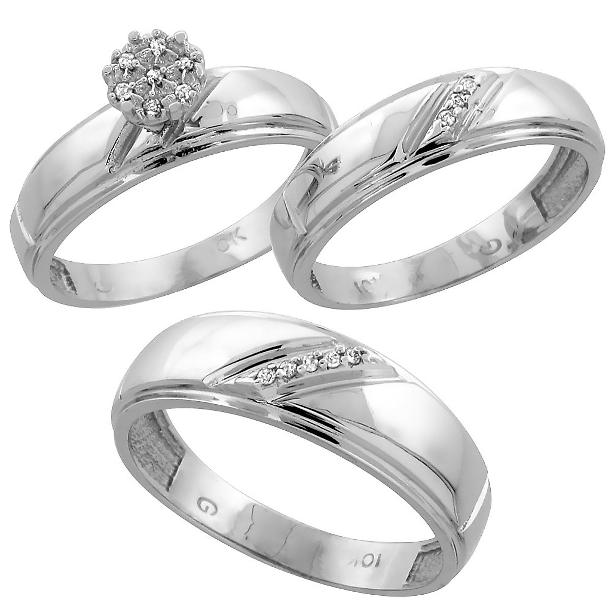 Genuine 10k White Gold Diamond Trio Wedding Sets for Him and Her 2 Diagonal Grooves 3-piece 7mm & 5.5mm wide 0.09 cttw Brilliant Cut Ladies Size 5