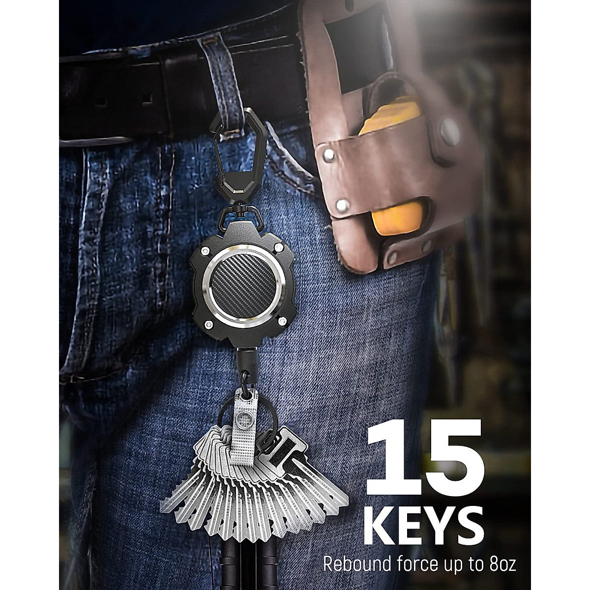 LIUGX 2 Pack Retractable Keychain, Heavy Duty Carabiner Key Chains, 10,000+ Rebound, Impact Resistance ID Badge Reels with 31.5” Wire Rope and Key Ring, Up to 8oz, Aluminum Ring, Carbon Fiber-Texture