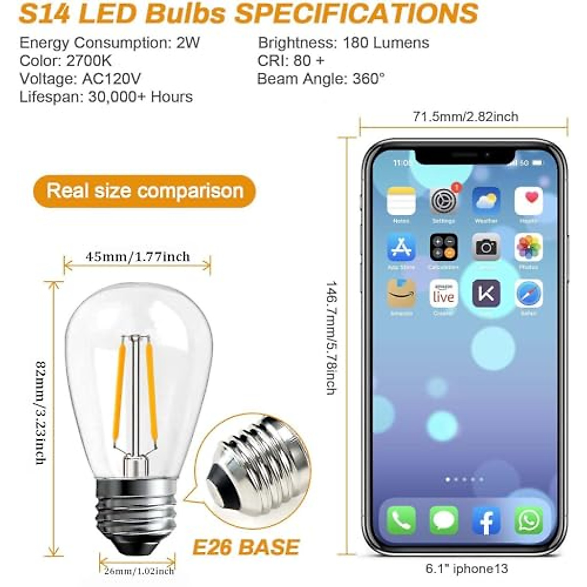 BRIMAX 6 Pack 2W LED Light Bulbs,Equivalent to 11W/20W/25W, Plastic LED Filament Bulb,2700K Warm White,E26 Medium Base, S14 Edison Light Bulbs for 6/12/18-light Sputnik Chandelier Bulbs