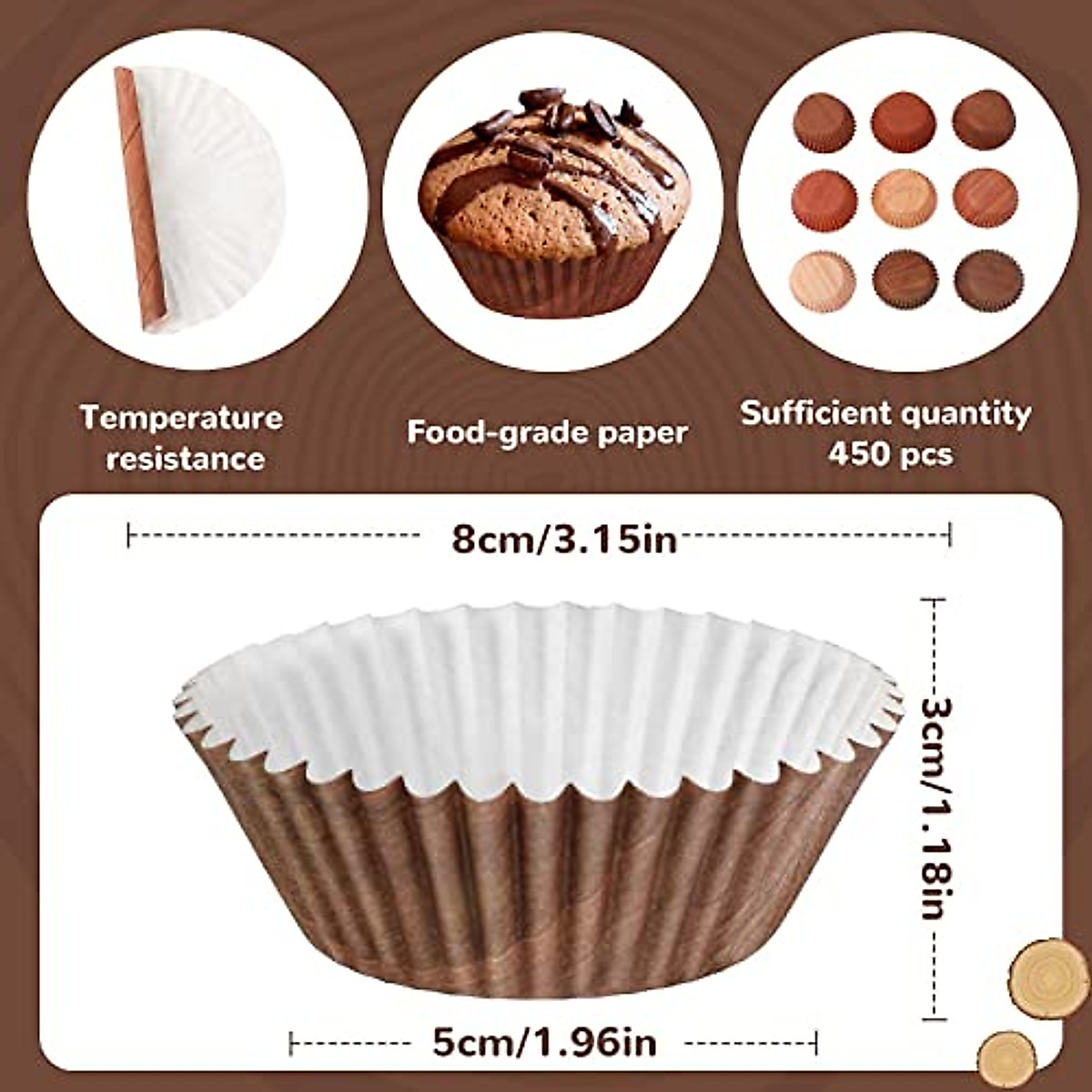 SANNIX 450pcs Woodland Cupcake Liners, Woodgrain Baking Cups Cupcake Wrappers Paper Wraps Muffin Liners for Bridal Showers Wedding Birthday Party Decorations Supplies