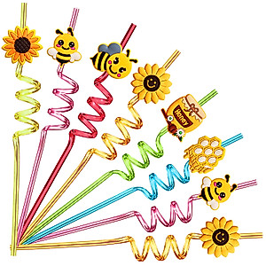 24 Bee Party Favors Bee Sunflower Honey Drinking Straws Goodie Gifts for Kids Birthday Party Supplies with 2 PCS Cleaning Brushes