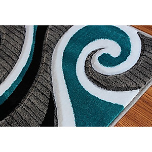 Masada Rugs, Sophia Collection Hand Carved Area Rug Modern Contemporary Turquoise White Grey Black (2 Feet X 7 Feet 3 Inch) Runner