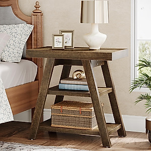 Tribesigns End Table for Living Room, 3-Tier Narrow Sofa Side Table with Storage Shelf, Farmhouse Small Wood End Table for Small Spaces, Industrial Heavy-Duty Bedside Table for Bedroom, Rustic Brown