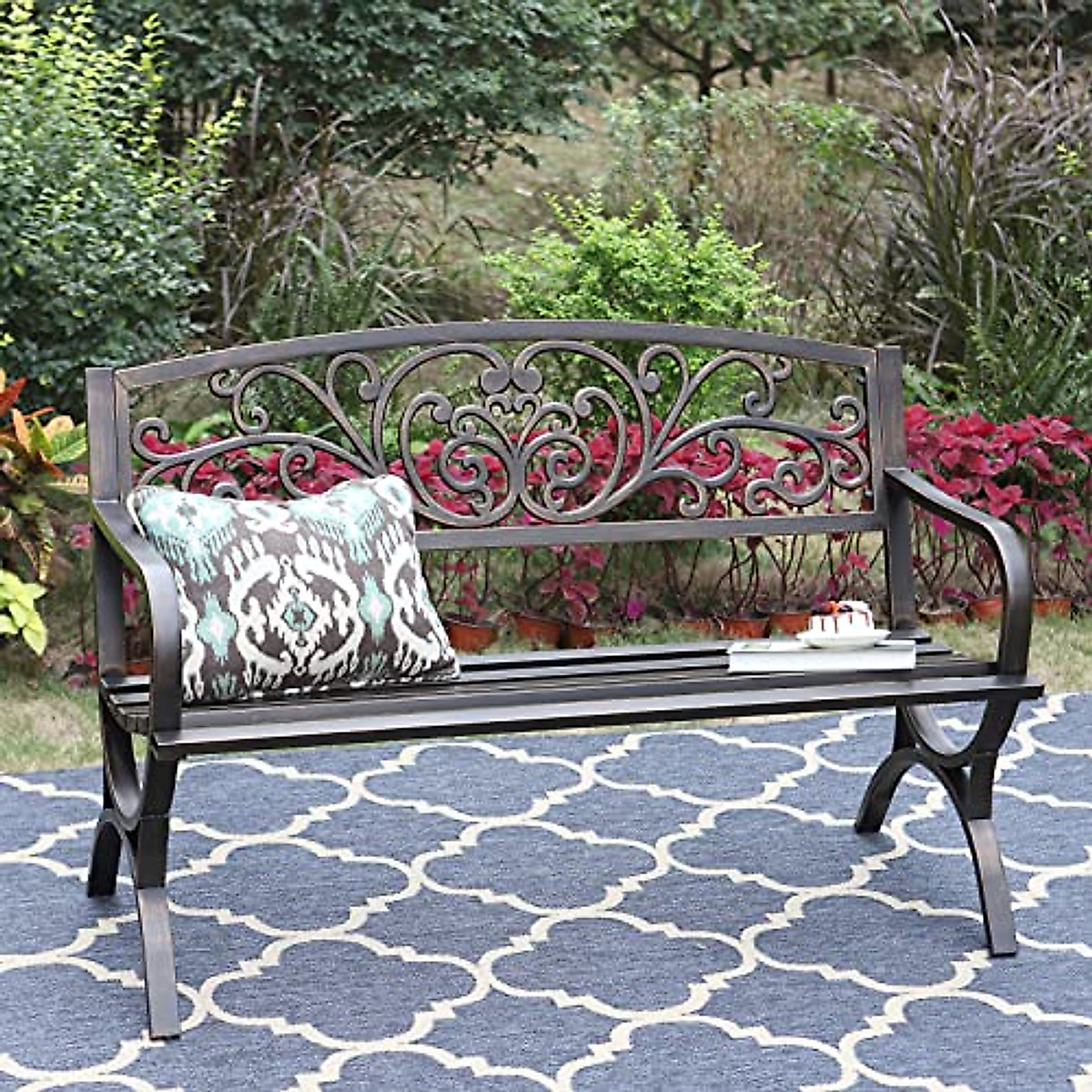 Sophia & William 50‘’ Outdoor Garden Bench Patio Park Bench, Cast Iron Metal Frame Furniture with Floral Design Backrest for Porch Yard Lawn Deck, Bronze