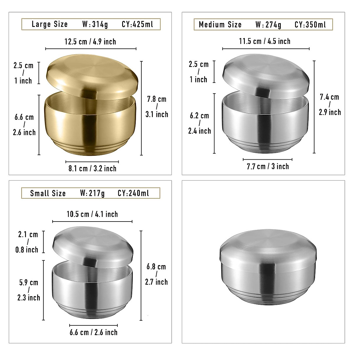 UPTALY Set Of 4 Food Grade 18/10 Stainless Steel Bowls with Lids (4.9'', 4.1''), Thickened Cereal Bowl with Saucer, Double-walled Insulated Steamed Soup Bowls, Meal Bowl with Lid, Korean Kimchi Dishes