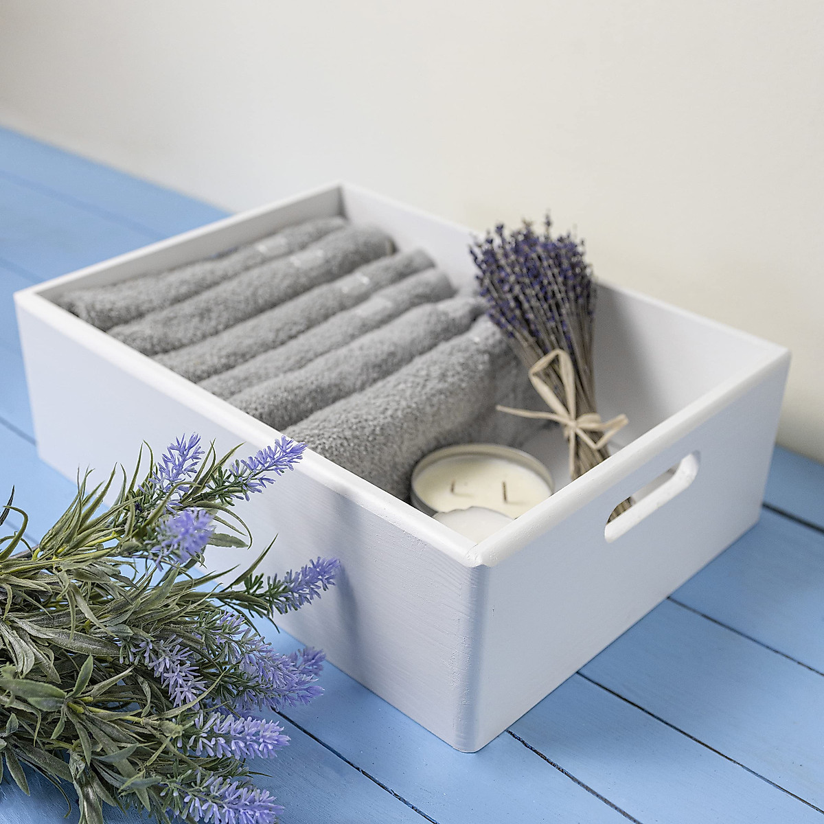 Creative Deco XL White Wooden Crate Nesting Crate Handles | 15.74x11.81x5.1in | Large Display Storage Box Multi-Craft Caddy Nesting Crate | Natural Wood Rustic Plain | Country Decor