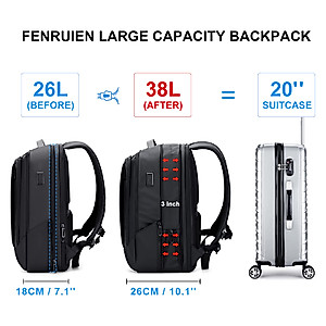 FENRUIEN Business Travel Backpack for Men, Expandable Water Resistant Computer Backpack with USB Port, Black Laptop Backpack 15.6 Inch for College/Work