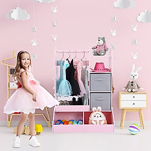 Pink Dress-Up Storage for Girls - Includes Light, Mirror, Clothing Rack with Bin, and Open Hanging Armoire Closet