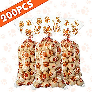 Blulu 200 Pieces Pet Paw Print Cone Cellophane Bags Heat Sealable Candy Bags Dog Paw Gift Bags Cat Treat Bags with 200 Pieces Silver Twist Ties for Pet Treat Party Favor (Orange)