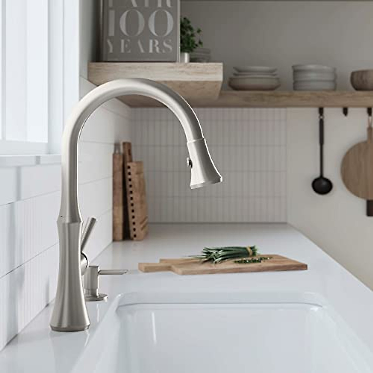 KOHLER R28706-SD-VS Kaori Single Handle Kitchen Faucet with Pull Down Sprayer and Soap Dispenser, Vibrant Stainless