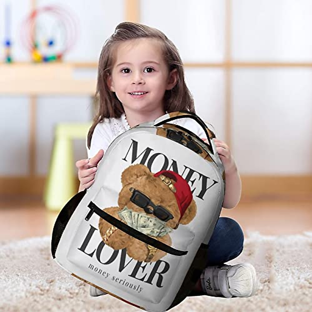 Niapessel Kids Backpack for School, Money Lover Slogan with Bear Pattern Students Bookbags School Bags Girls Boys