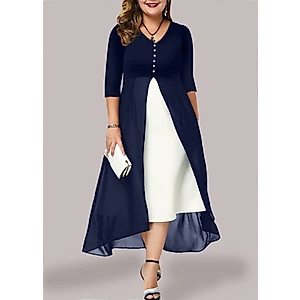 Jumpfolia Women's Plus Size 3/4 Sleeve V Neck Chiffon Contrast Panel Cocktail Semi Formal Midi Dresses Navy Blue