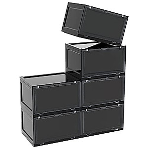 C&AHOME Clear Shoe Box, Clear Shoe Box Storage, Set of 6, Large Size Plastic Shoe Box with Magnetic Door, Shoe Organizer, Box Stackable for Display Sneakers, Fit Up to US Size 14''Black UCSBP06B