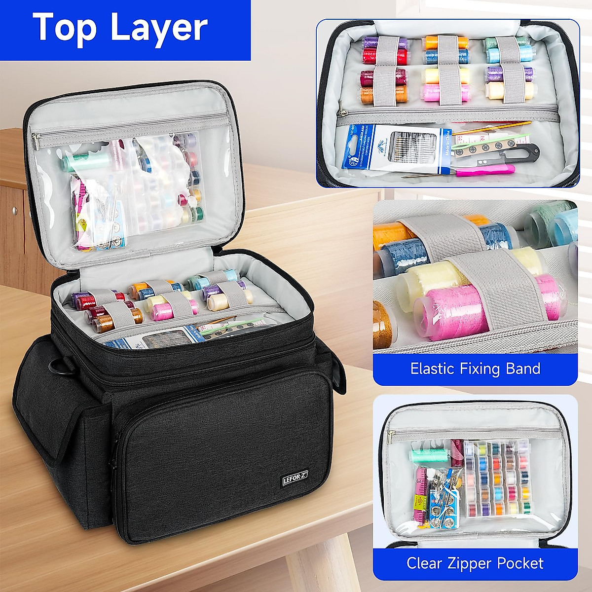 LEFOR·Z Sewing Supplies Organizer,Double-Layer Sewing Accessories Storage Bag,Protable Travel Sewing Box Sewing Basket for Sewing Tools,Black(Bag Only)