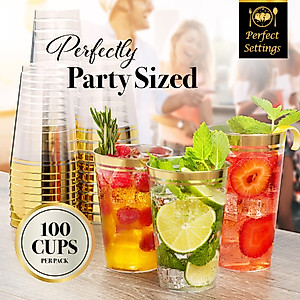 Perfect Settings 100 Premium Hard Plastic Cups Clear Plastic Double Colored Rimmed Cups Fancy Disposable Wedding Cups Elegant Party Cups with Twin Colored Rim (Clear Gold Rim, 16)