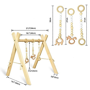 Rocinha Wooden Baby Gym with 3 Wooden Baby Teething Toys Foldable Baby Play Gym Frame Baby Wood Activity Gym Hanging Bar Newborn Gift - Natural Color