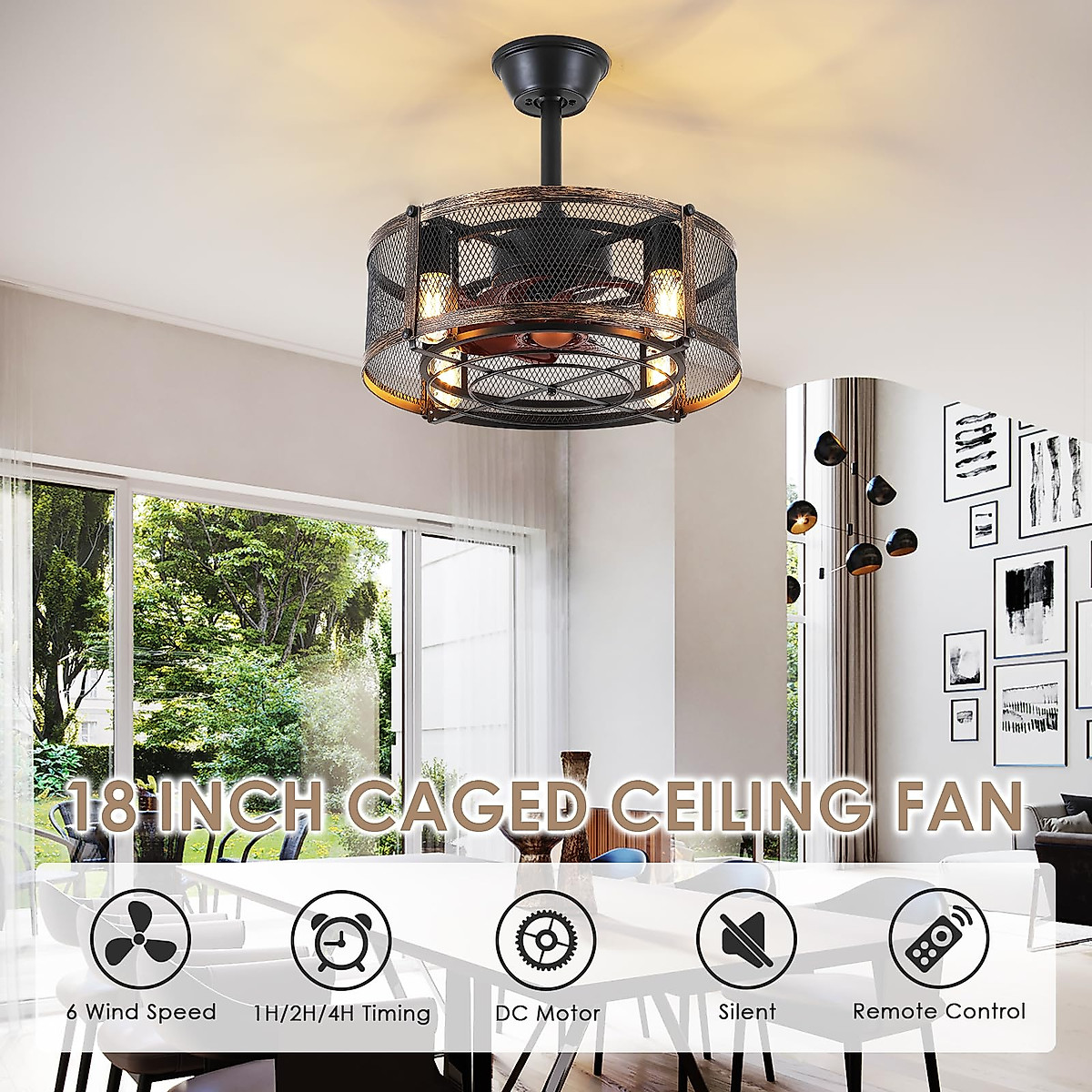 Dannilong Caged Ceiling Fans with Lights and Remote, Farmhouse Ceiling Fan with Light Bladeless, Small Ceiling Fan for Kitchen Bedroom Outdoor, 18 Inch Black Fandelier, Reversible Quiet Motor