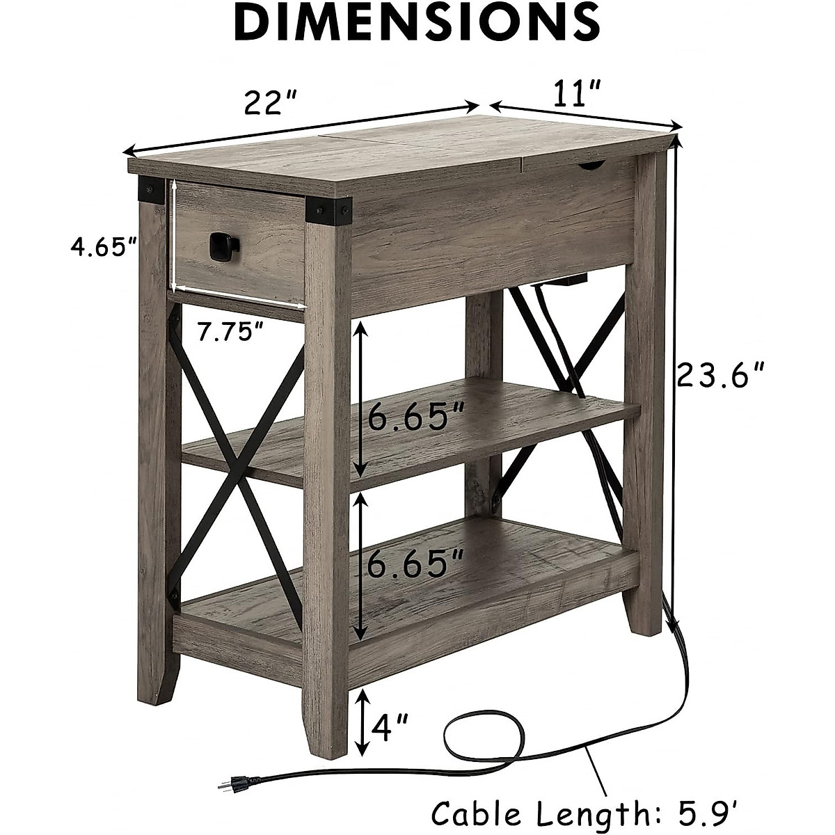 Awescuti Narrow End Table with Charging Station - Farmhouse Slim Side Table Set of 2, w/USB Ports Power Outlets, Nightstand w/Flip Top Storage Drawer, for Small Spaces Living Room Bedroom, Gray