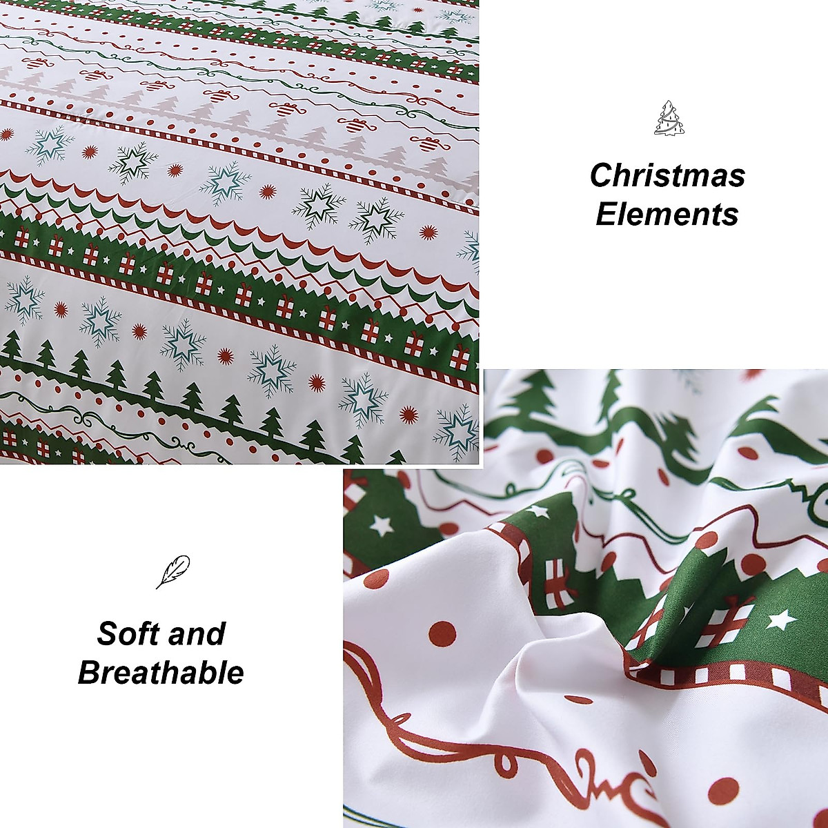 Dinjoy Christmas Comforter Set King Size, Green White Snowflake Christmas Tree Printed Pattern Holiday Bedding Set 3 Pieces, Soft Microfiber Xmas Holiday New Year Gift Bed Comforter 104" x 90"