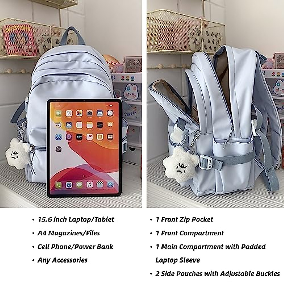 BILIPOPX Kawaii Backpack with Cute Accessories Aesthetic 15.6 Inch Laptop Backpack Pendant (Deep Blue)