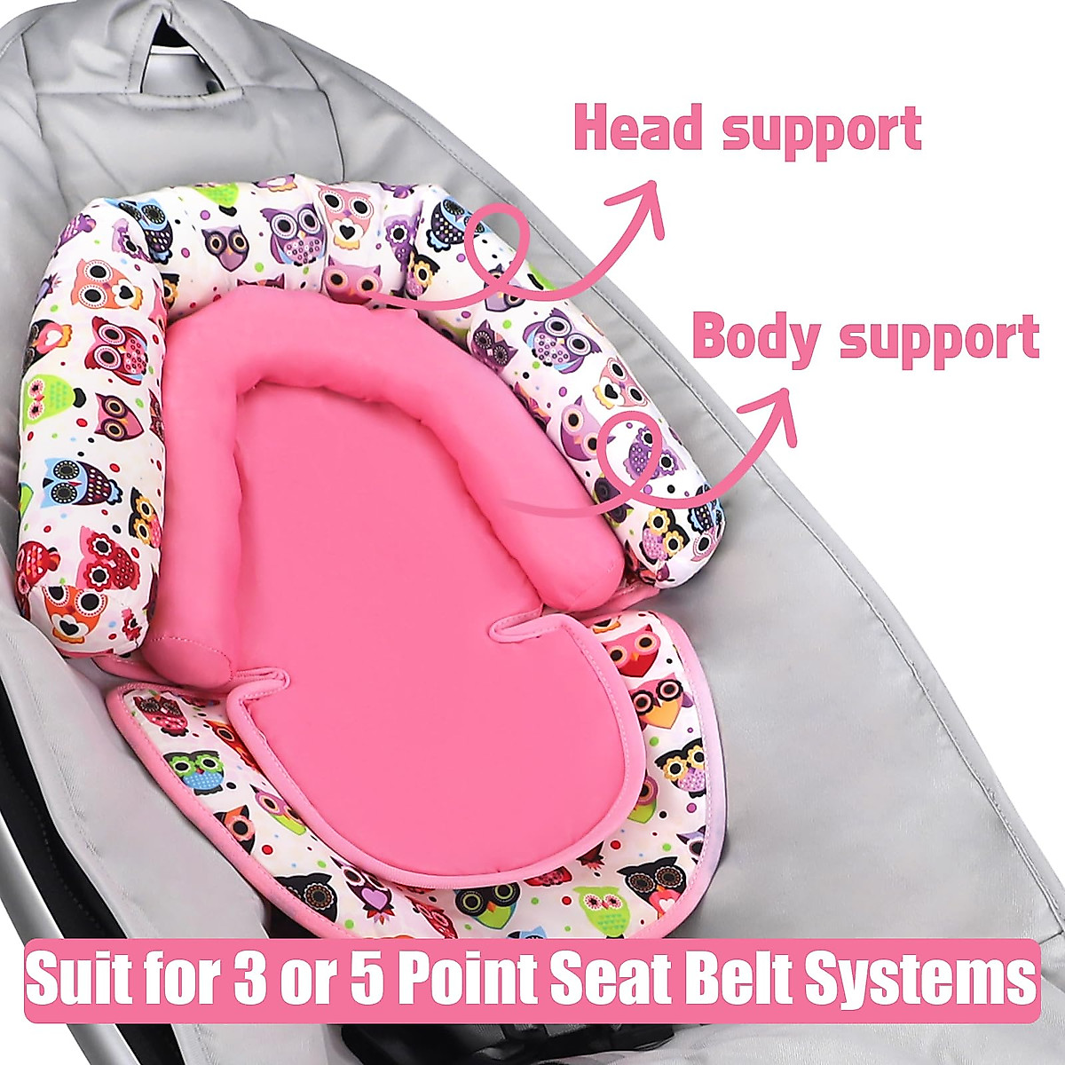 KAKIBLIN Toddler Head Support for Car Seat, Infant Car Seat Insert, Baby Soft Neck and Body Support Pillow for Carseat, Pink