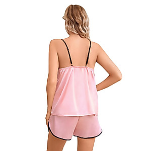 Schbbbta Pajamas for Girl Silk Sleepwear Satin Cami Shorts Matching Pj Set Nightwear, F Pink, 11-12 Years = Tag 160