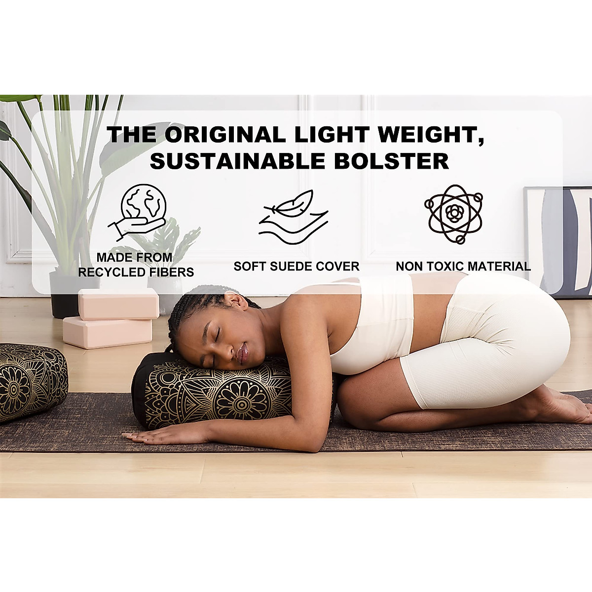 Yoga Bolster Pillow (2 Pack) Luxurious Eco Suede Yoga Bolster for Restorative Yoga, Meditation, Rectangular Yoga Pillow With Carry Handle, Washable Cover (Eco Suede-black)